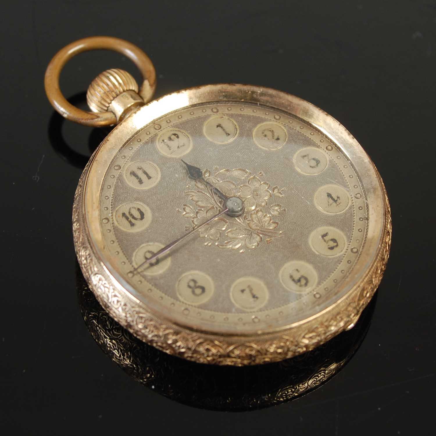 Lot 630 - A Swiss gold fob watch, with engraved case