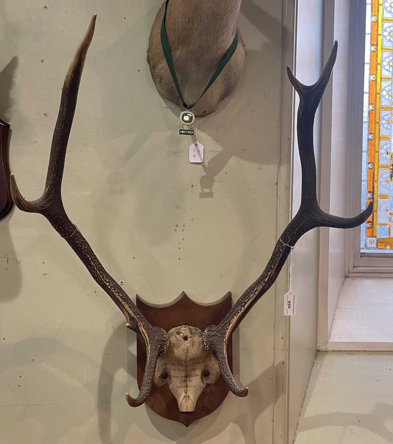 Lot 699 - A stag horn trophy with hand inscribed