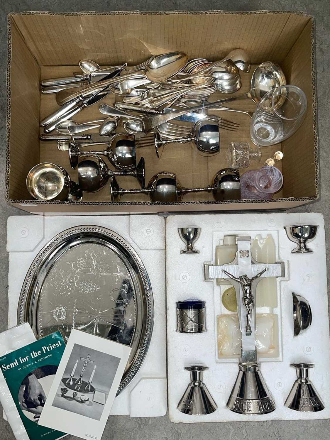 Lot 347 - A box of assorted EP, glass ware, Communion